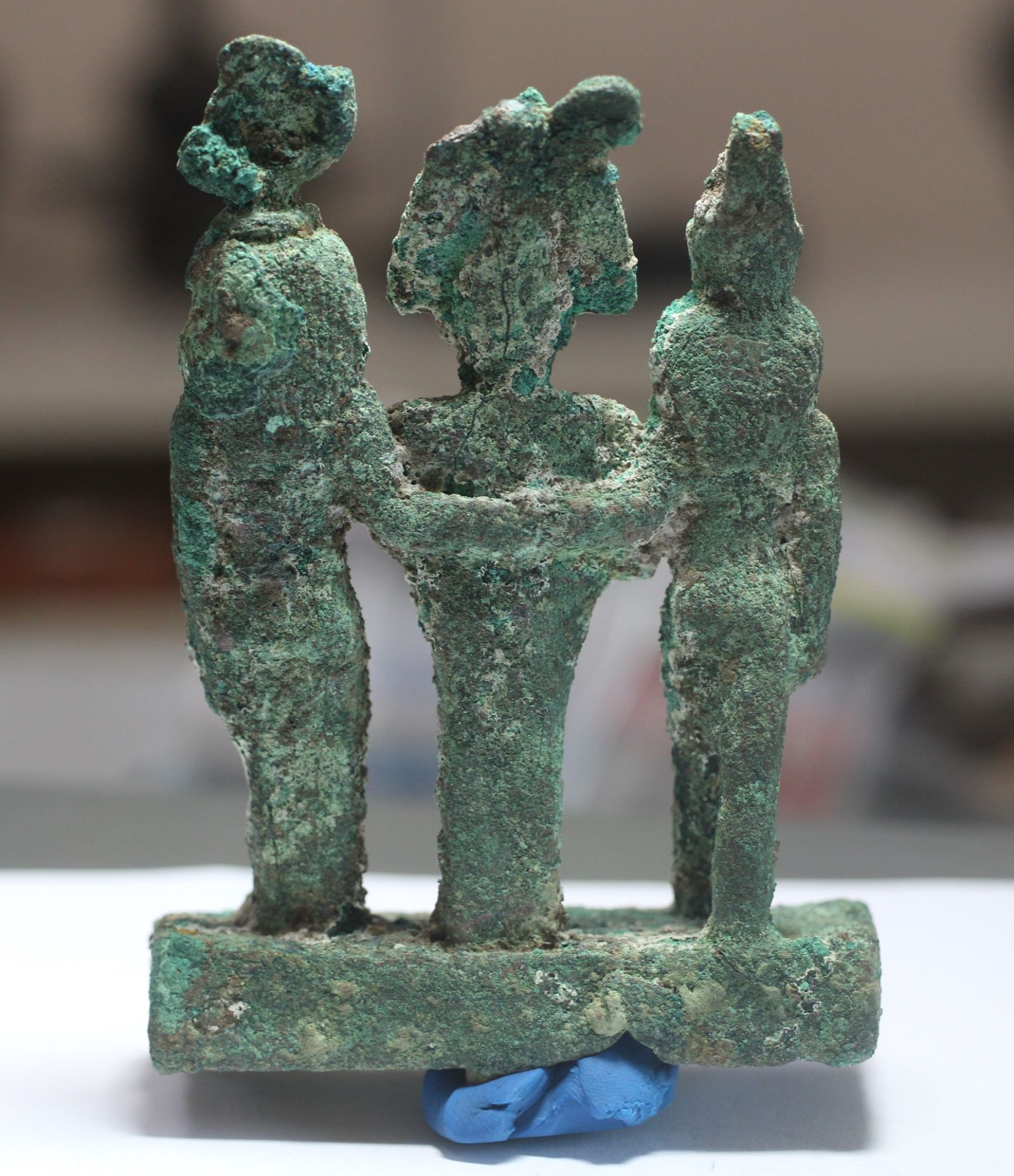 ANCIENT EGYPT. TRIAD BRONZE STATUE. HORUS. ISIS. OSIRIS. 600 - 300 B.C