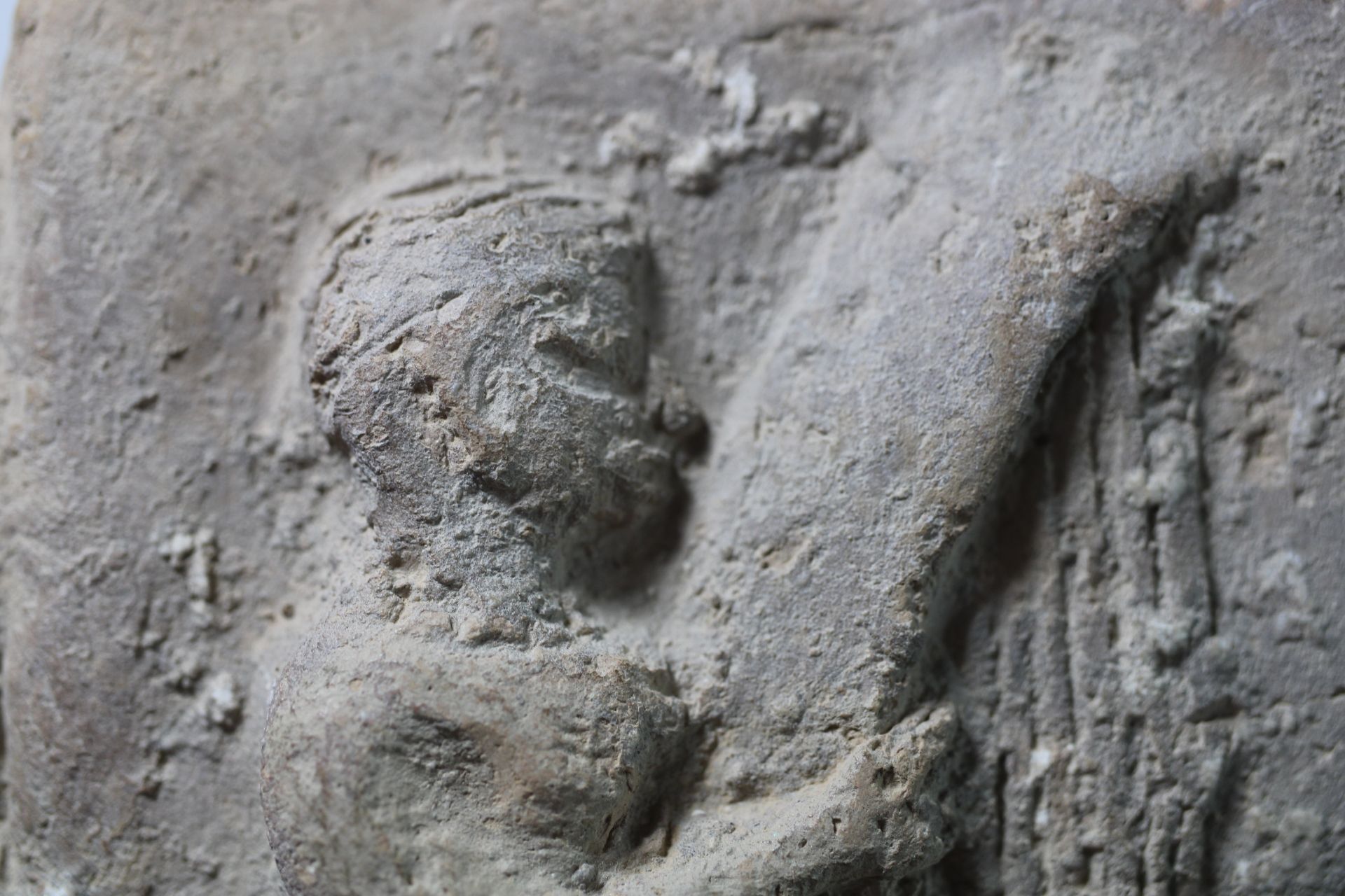 Ancient Sumerian Terracotta Plaque. 2nd century B.C. Musician Playing harp